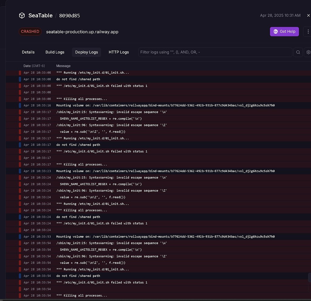 "do not find /shared path" Failed to install on RAILWAY - Installation - SeaTable Forum
