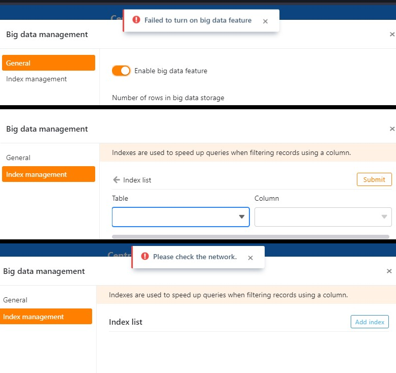 Error turning on Big Data function - Troubleshooting - SeaTable Forum